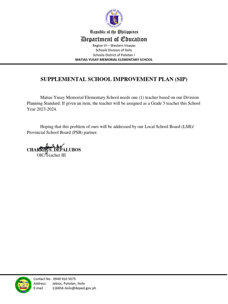 SUPPLEMENTAL SCHOOL IMPROVEMENT PLAN 2023 | PDF