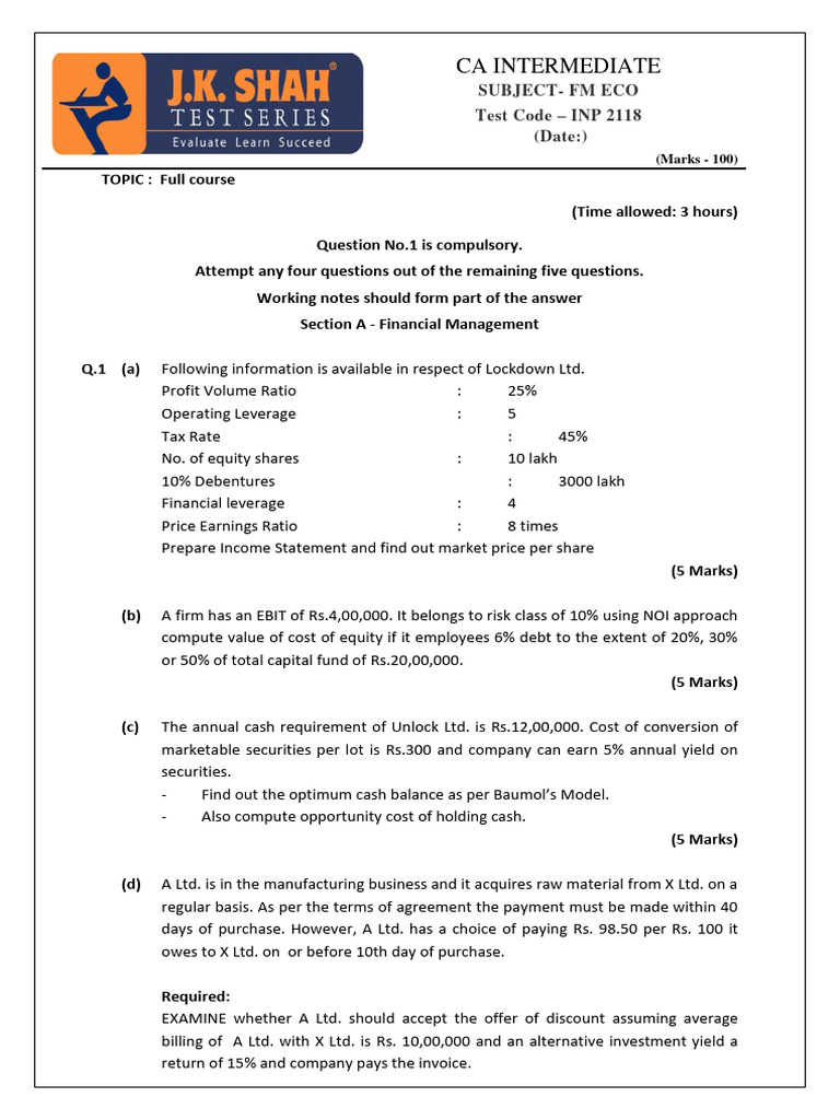 Inp 2118 FM Eco Question Paper | PDF | Finance & Money Management