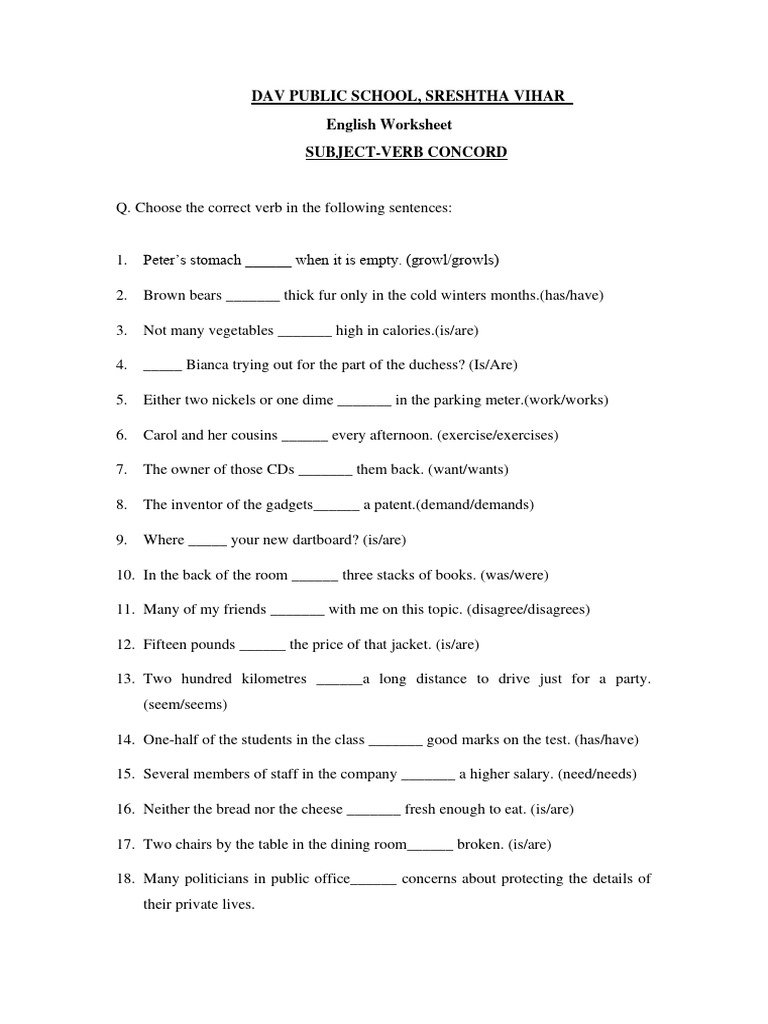 Sub-Verb Worksheet 1 | PDF
