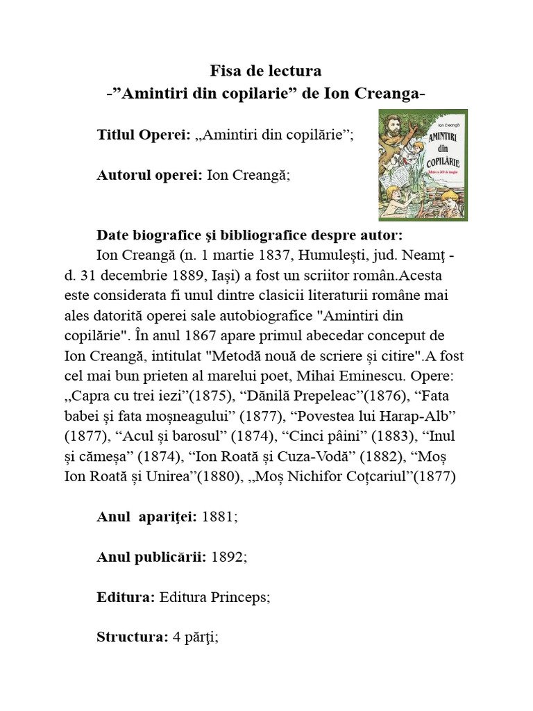Fisa de lectura - Amintiri din copilarie | PDF