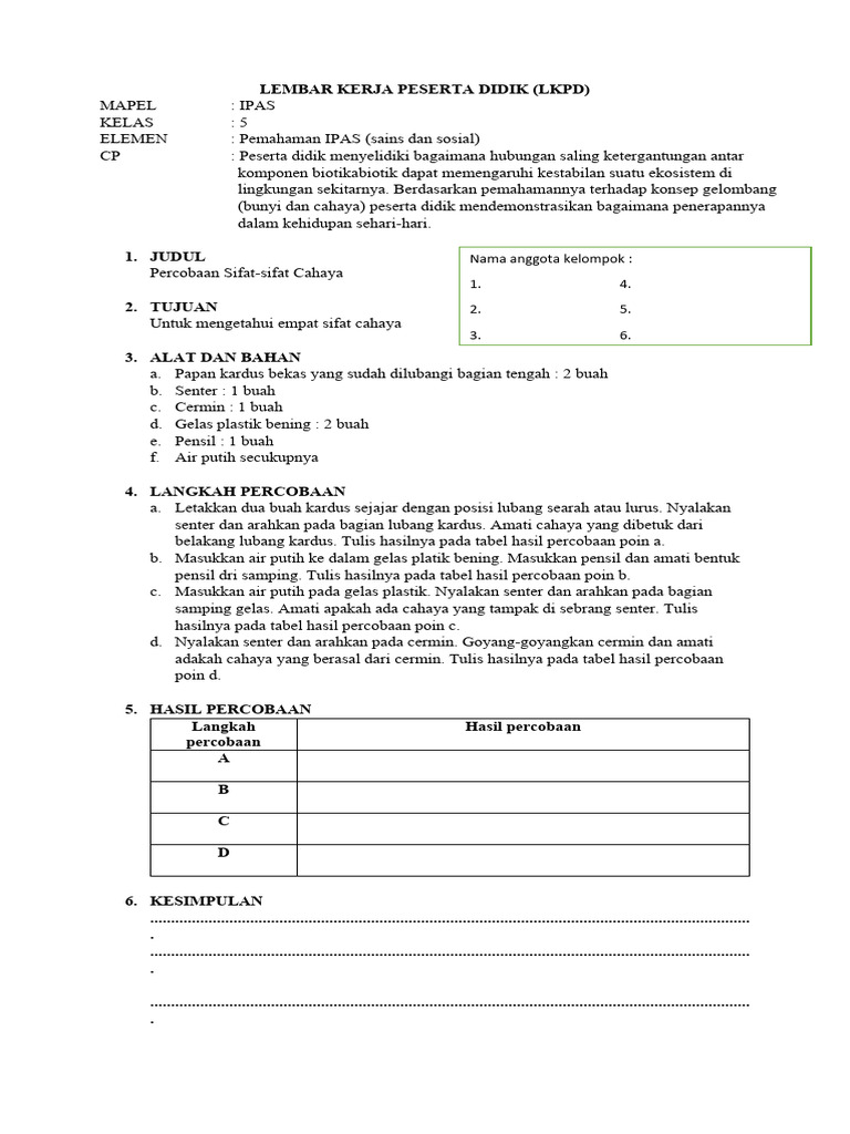 LKPD Ipas Sifat Cahaya | PDF
