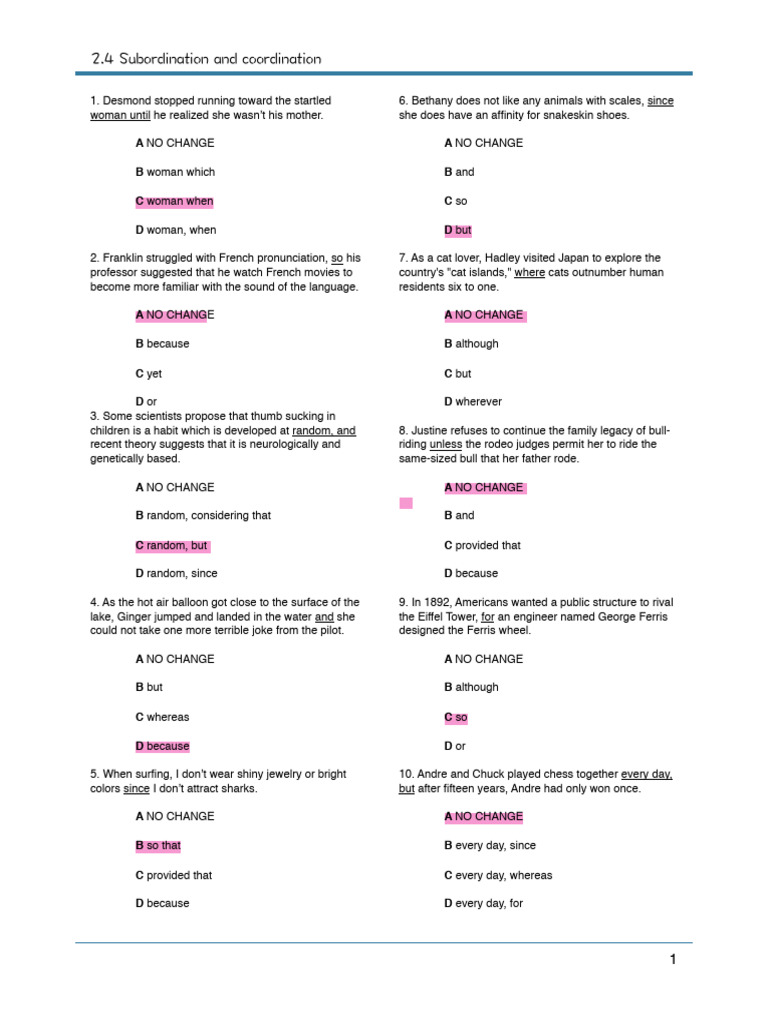 Subordination and Coordination Practice (1) | PDF