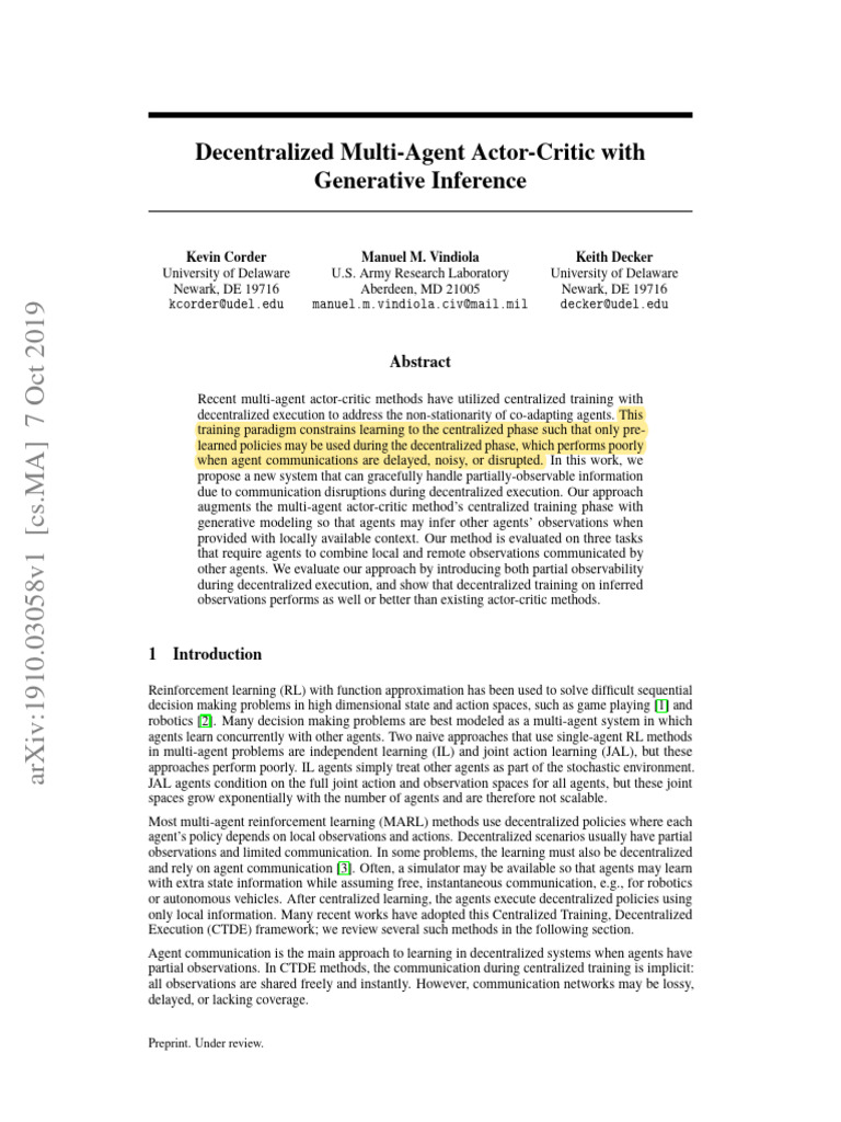 Decentralized Multi-Agent Actor-Critic With | PDF