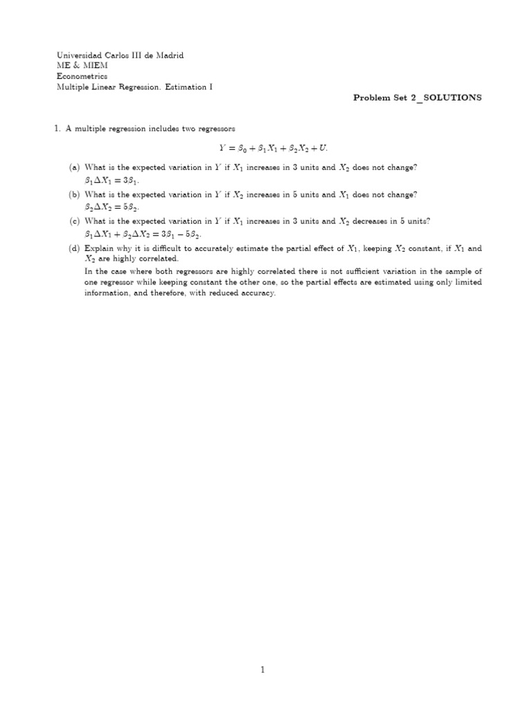 Problem Set 2 SOLUTIONS | PDF | Dependent And Independent Variables | Regression Analysis