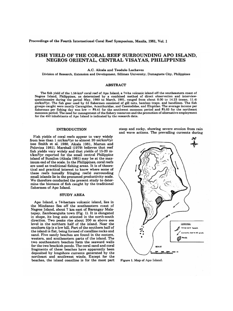 Alcala AC & Luchavez T 1981 Fish Yield of the Coral Reef Surrounding APO Island, Negros Oriental ...