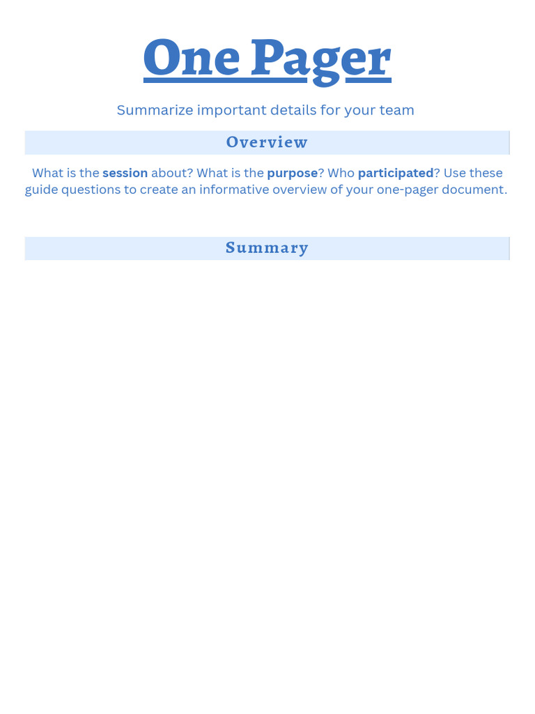 One Pager Doc in Blue Light Blue Black and White Classic Professional ...