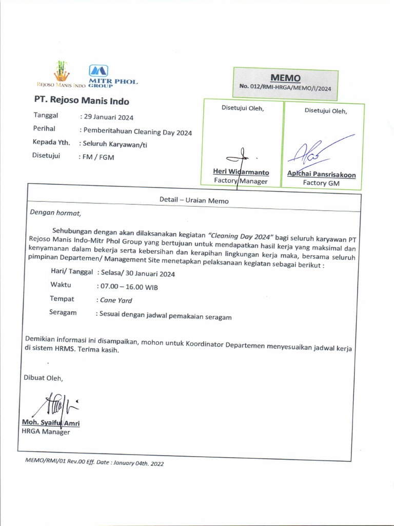 Memo Cleaning Day 2024 | PDF