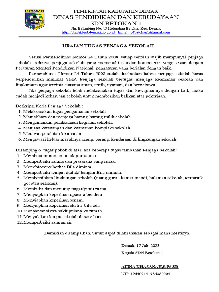 Uraian Tugas Penjaga Sekolah | PDF