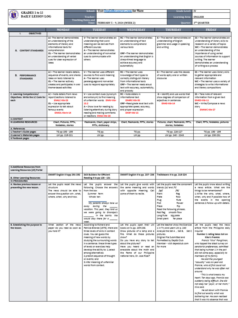 DLL - English 4 - Q3 - W2 | PDF | Learning | English Language