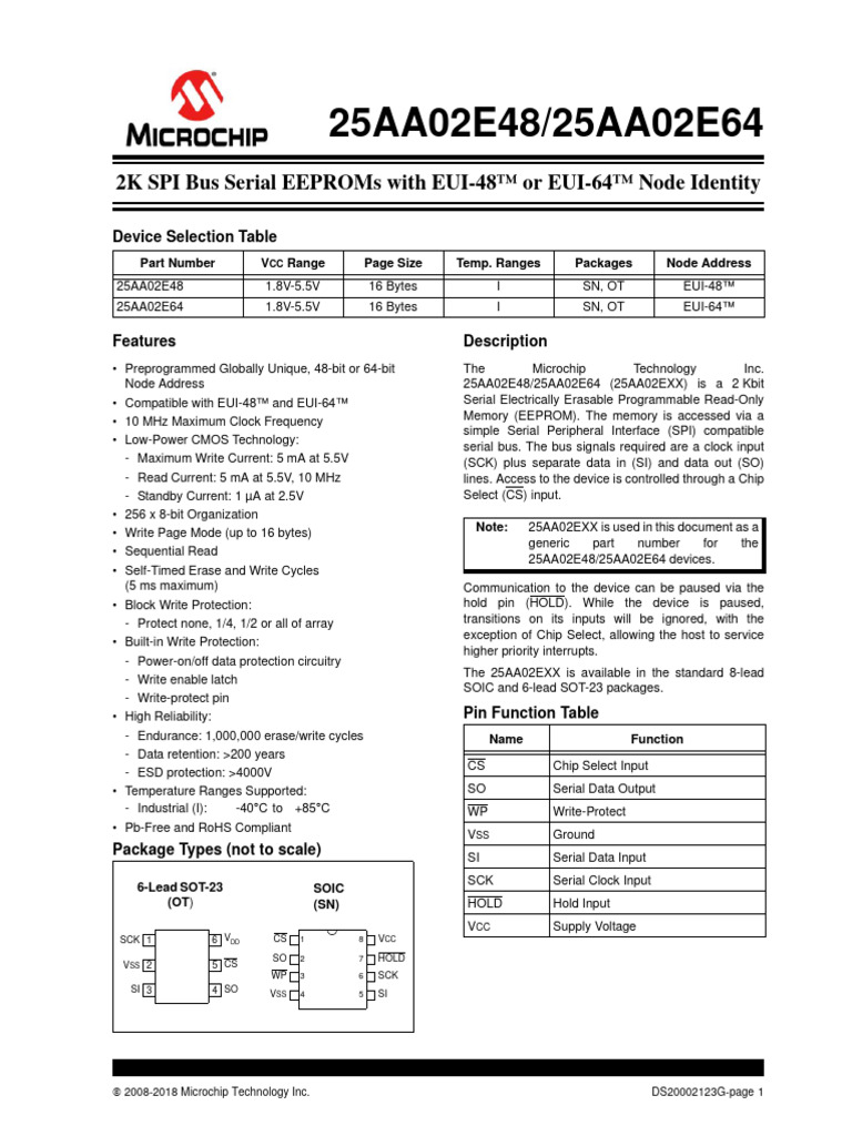25AA02E48 25AA02E64 2K SPI Bus Serial EEPROM DataSheet - DS20002123G | PDF