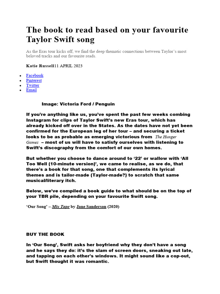 The Book To Read Based On Your Favourite Taylor Swift Song | PDF ...