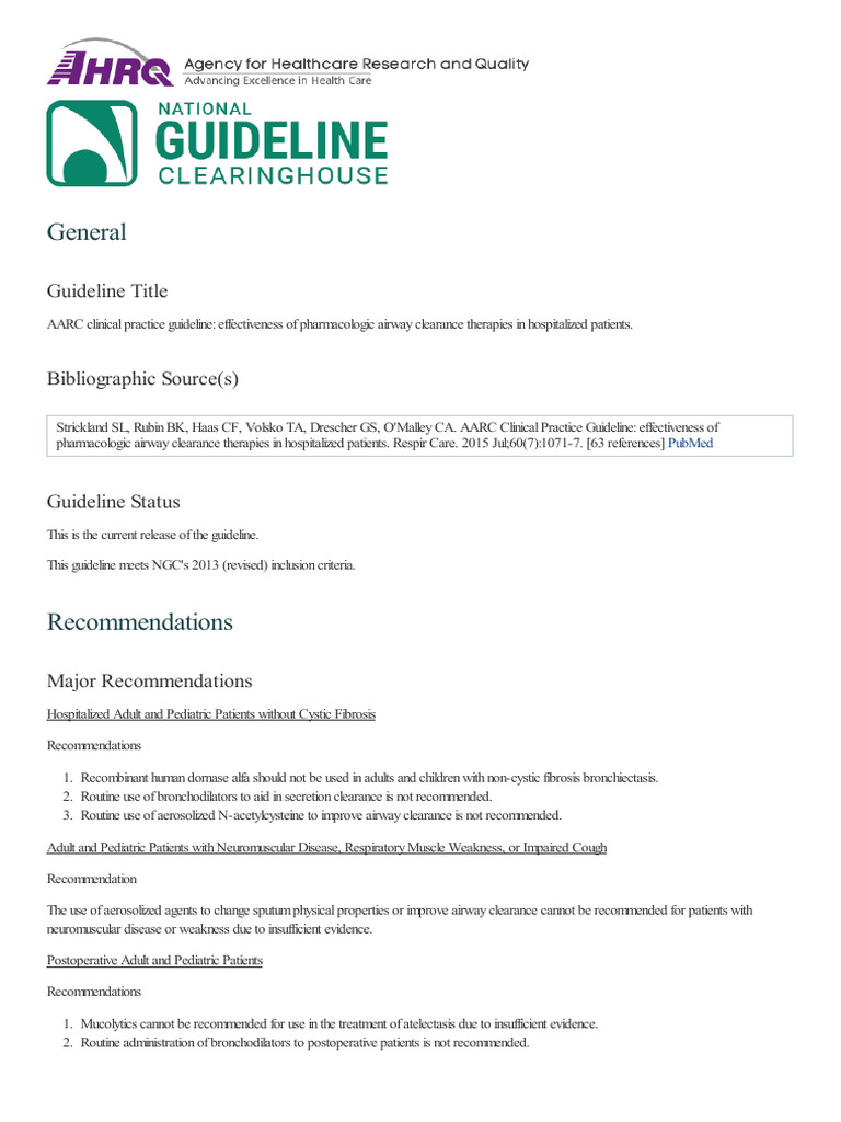 AARC Guidelines on Airway Clearance Therapy | PDF | Systematic Review ...