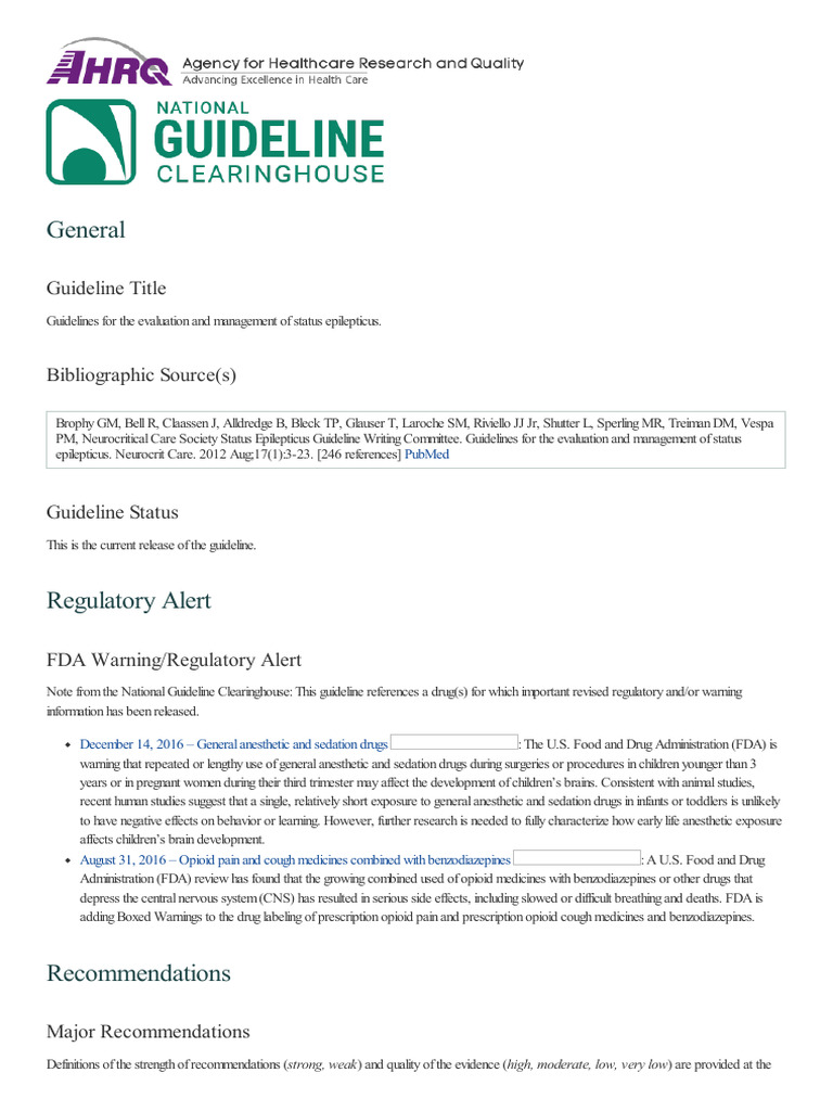 Guidelines For The Evaluation and Management of Status Epilepticus ...