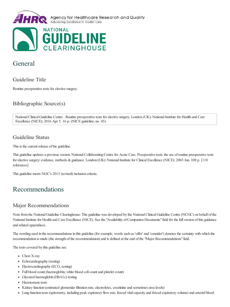 Routine Preoperative Tests For Elective Surgery. | PDF