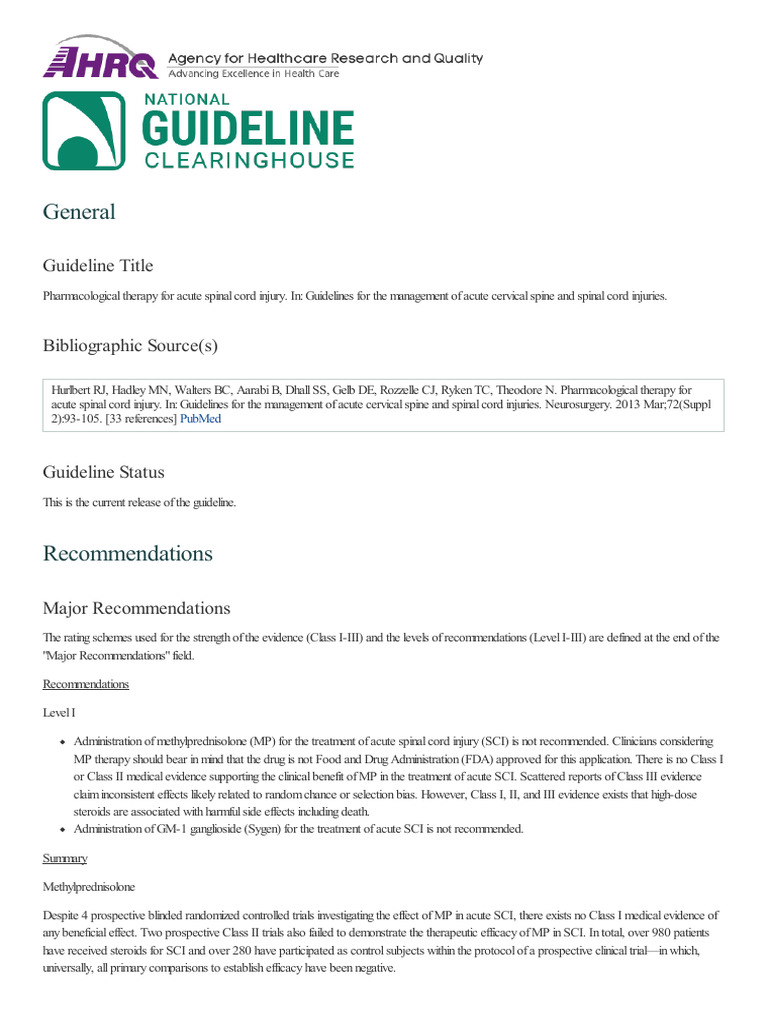 Pharmacological Therapy For Acute Spinal Cord Injury. in Guidelines For ...