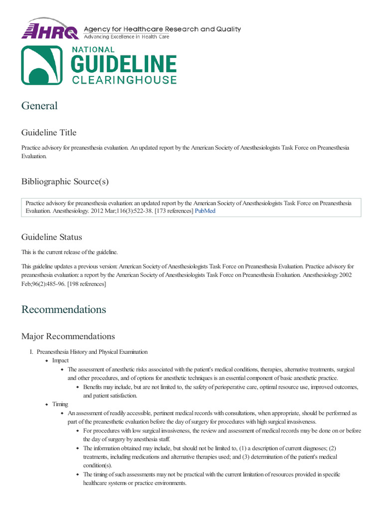 Practice Advisory For Preanesthesia Evaluation. An Updated Report by ...
