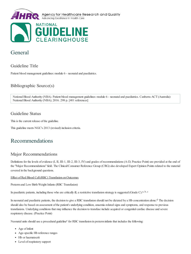 Patient Blood Management Guidelines Module 6 - Neonatal and Paediatrics ...