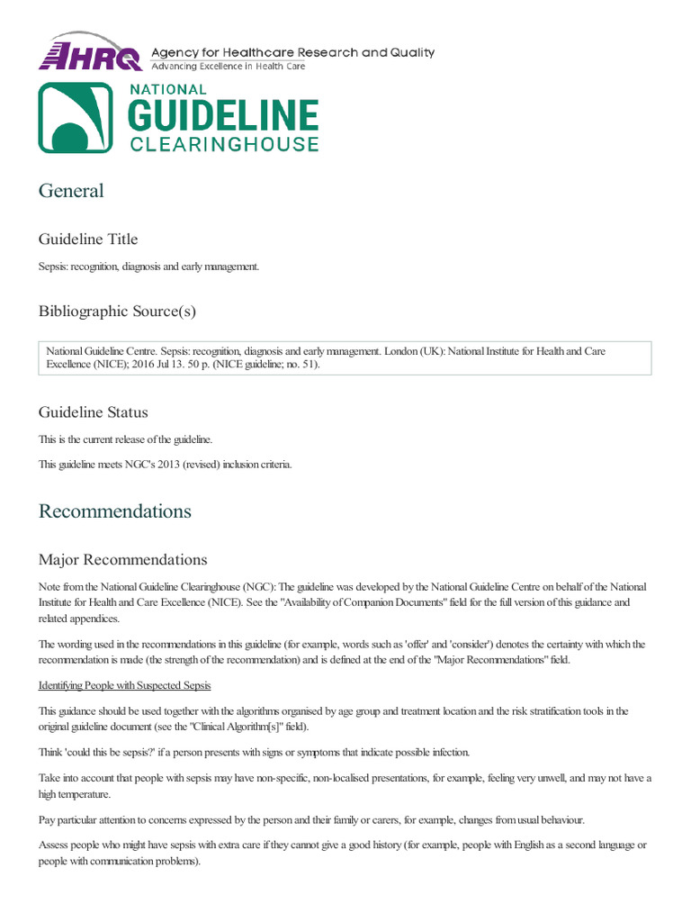 Sepsis Recognition, Diagnosis and Early Management. | PDF