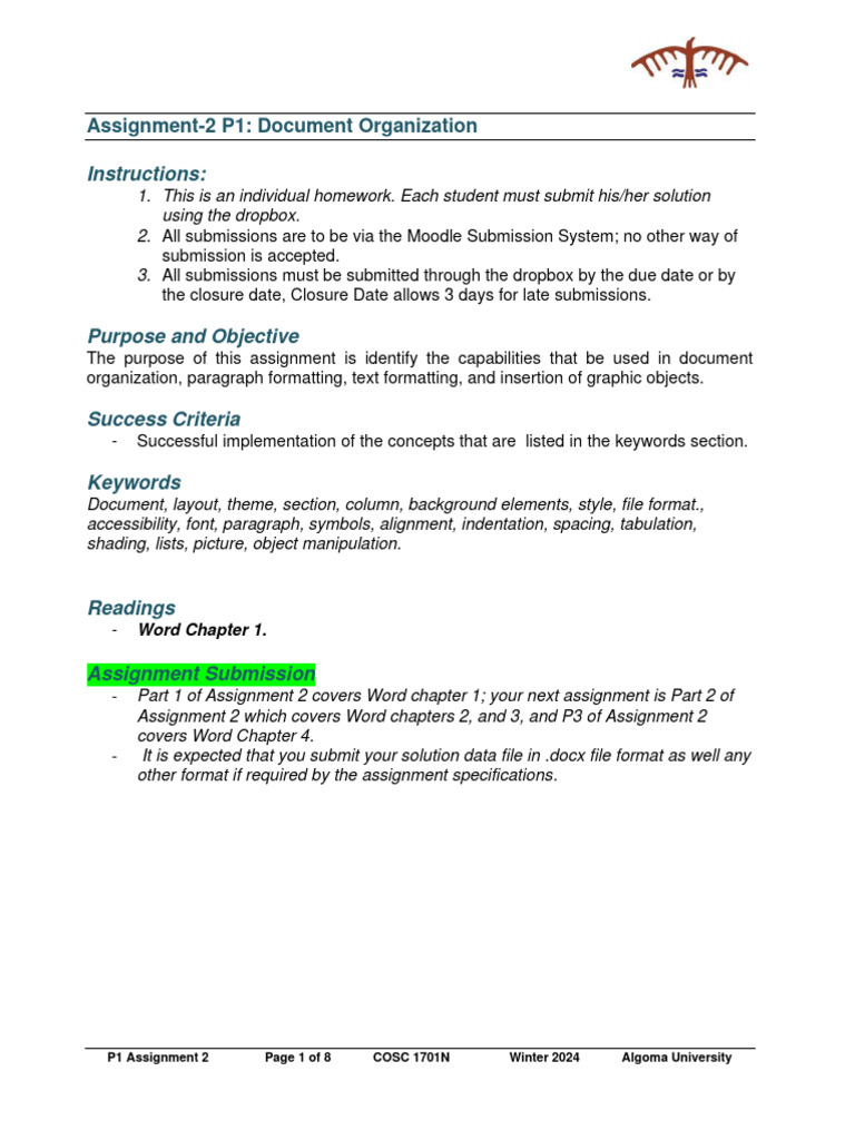 Assignment 2 P1 - COSC 1701N Computer Applications, Winter2024v1 | PDF