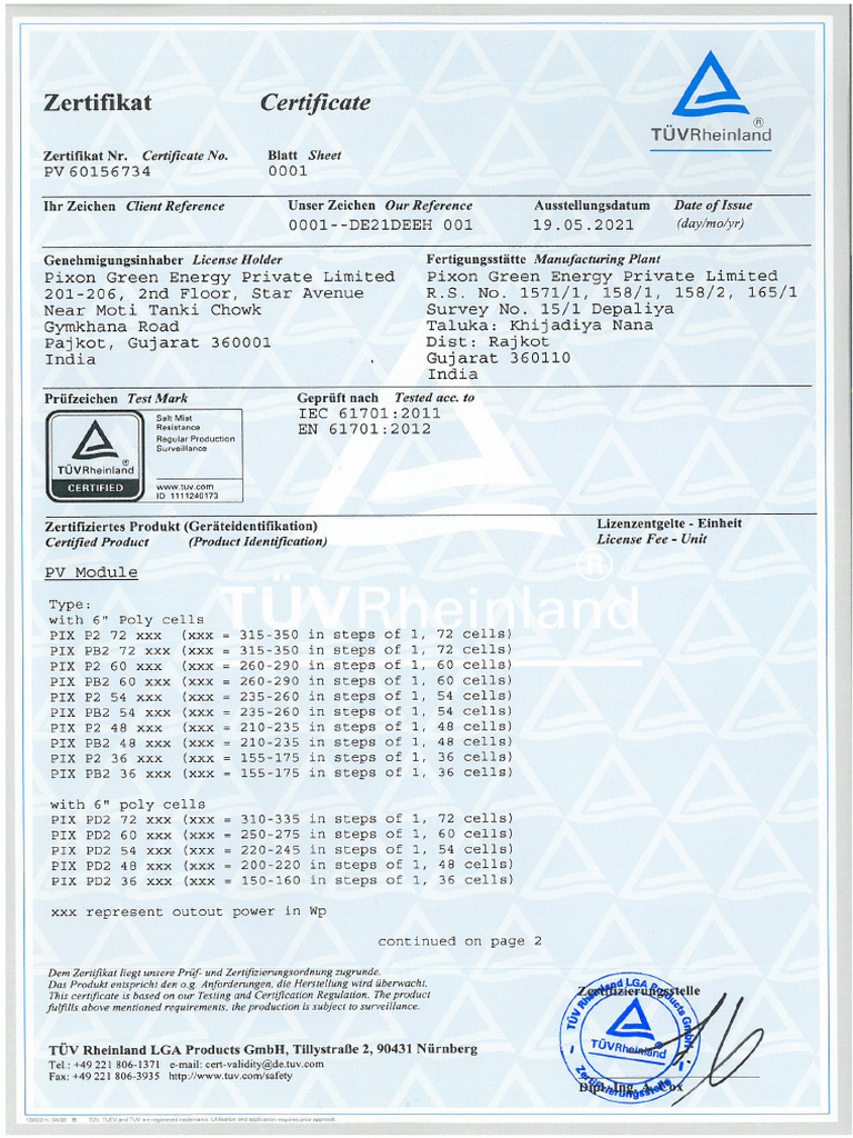 Certificate PV 60156734 - IEC 61701 - Page 1-3 | PDF