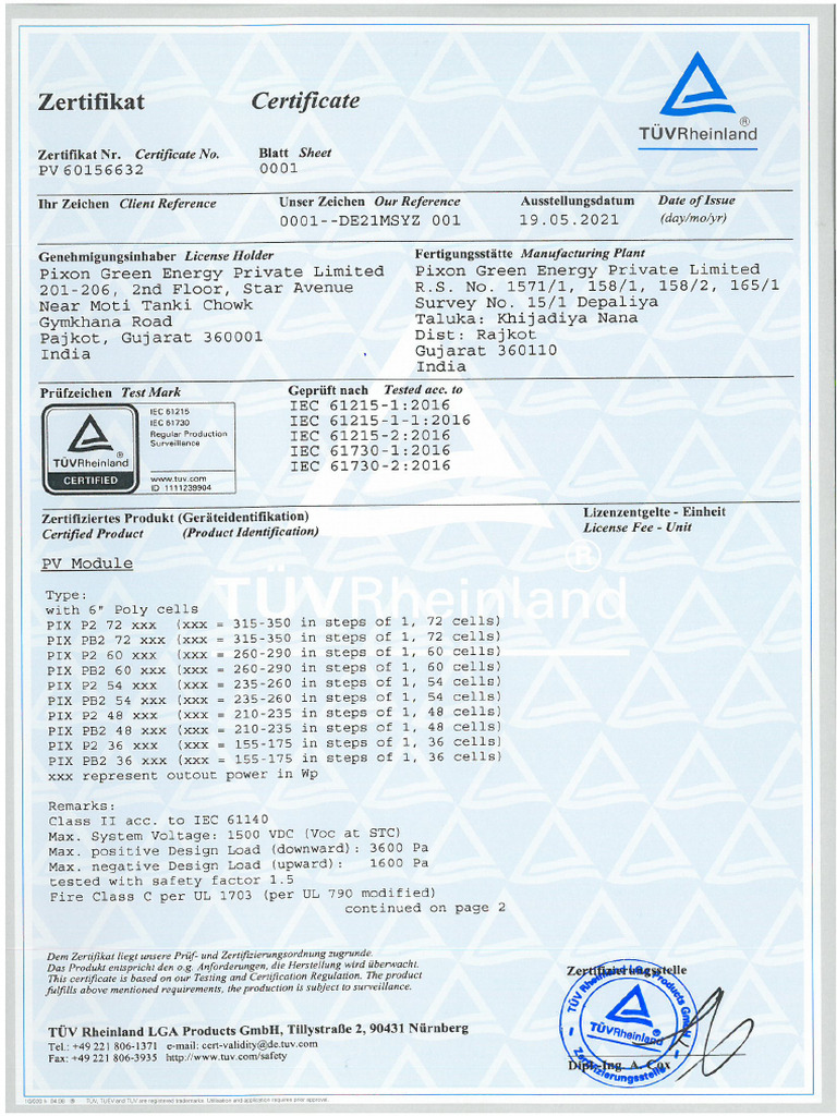 Certificate PV 60156632 - IEC 61215 - 61730 - Page 1-5 | PDF