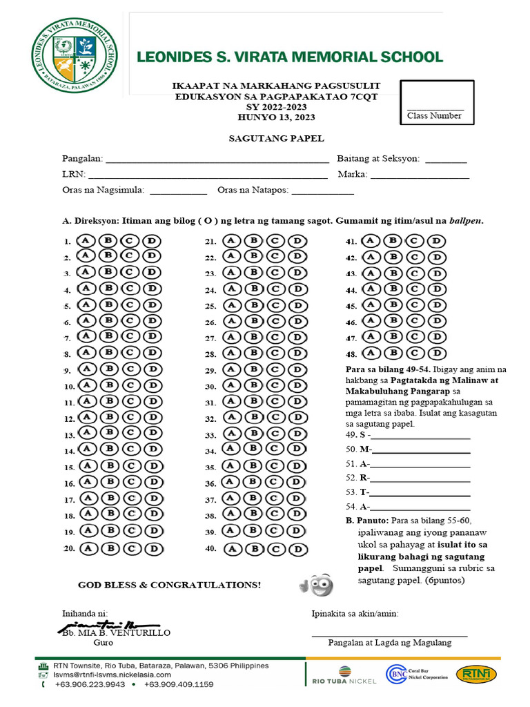 Answer Sheet EsP 7CQT - 4th Quarter | PDF