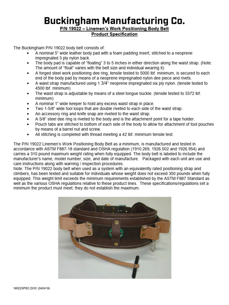 Buckingham Manufacturing Co.: P/N 19022 - Linemen's Work Positioning ...