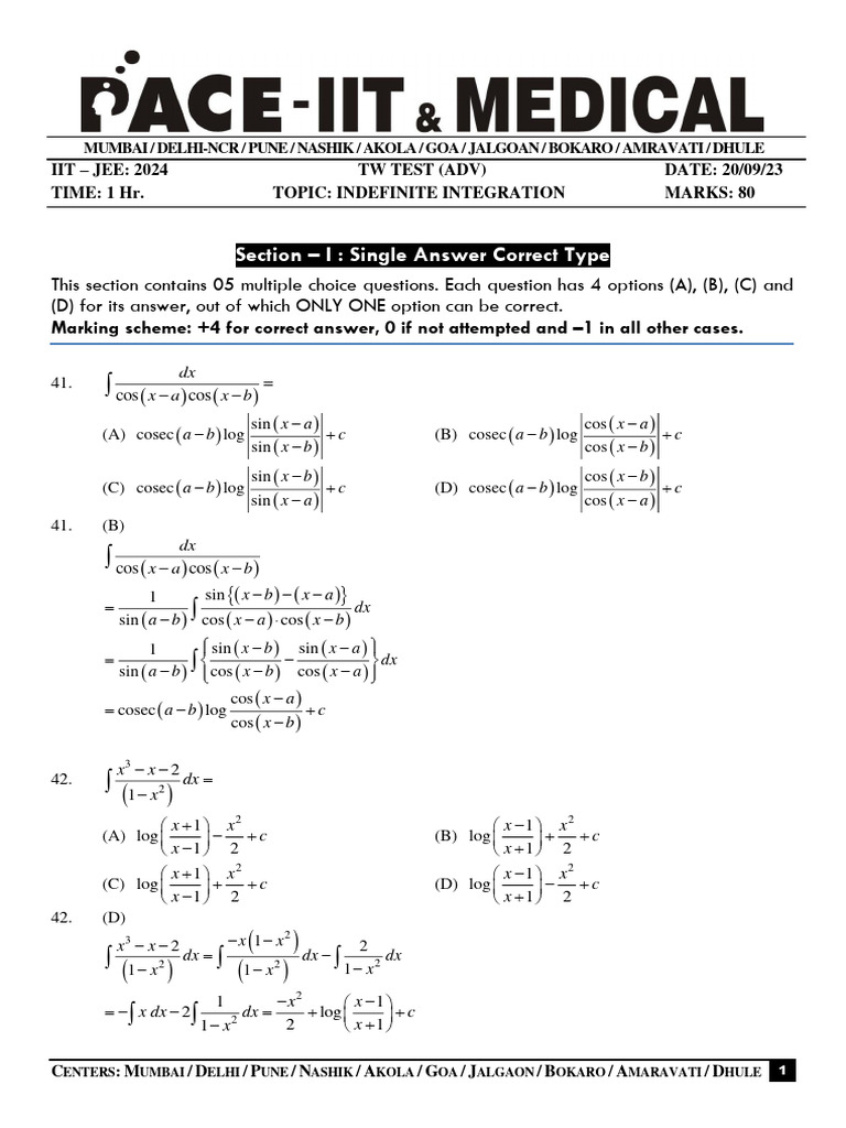 Indefinite Integration (ADV) QP | PDF | Mathematics Of Computing | Computational Science