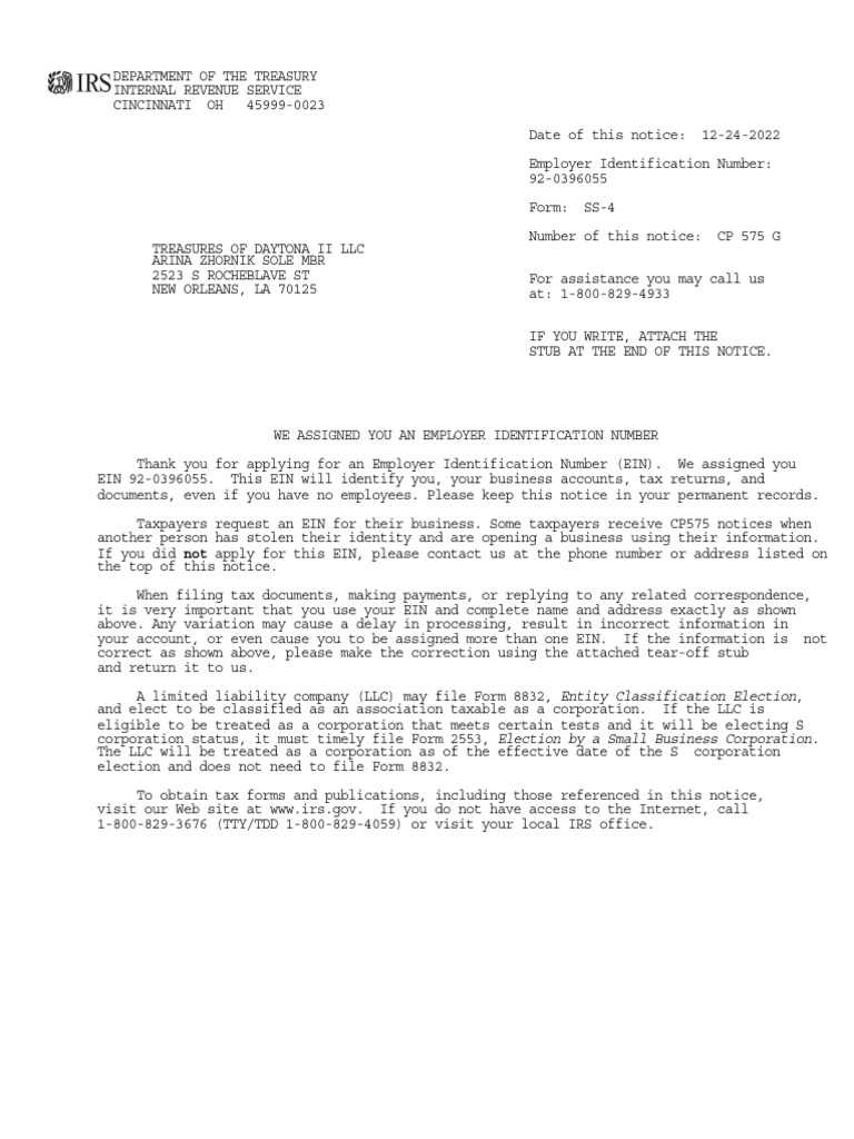 Ein - Treasures of Daytona Ii LLC | PDF