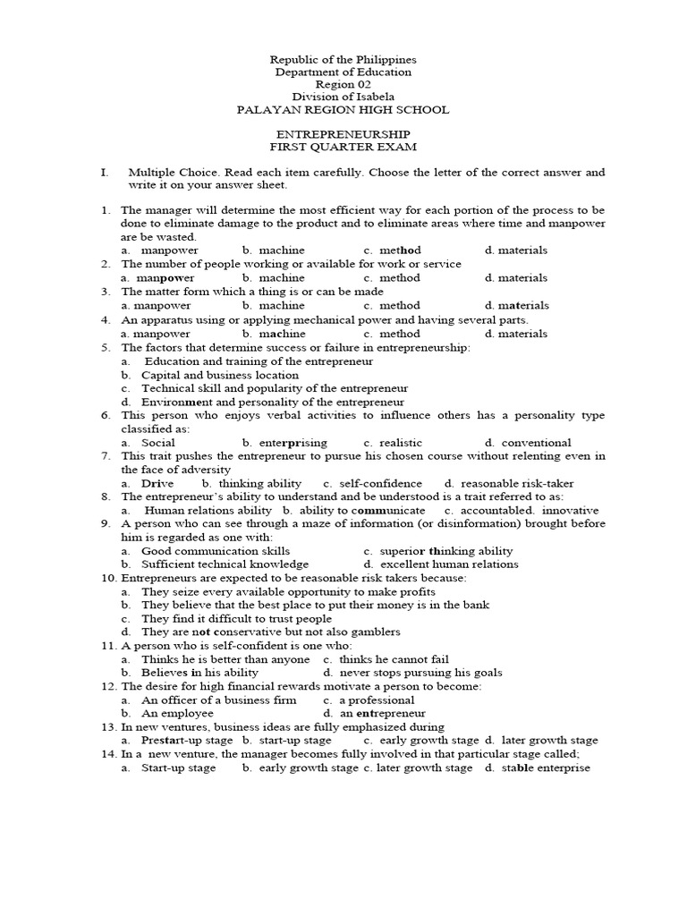 First Quarter Exam Entrep | PDF