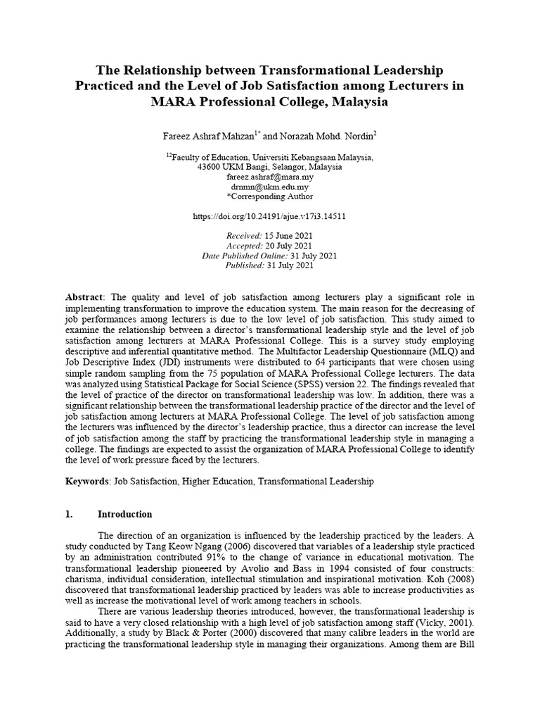 The Relationship between Transformational Leadership | PDF