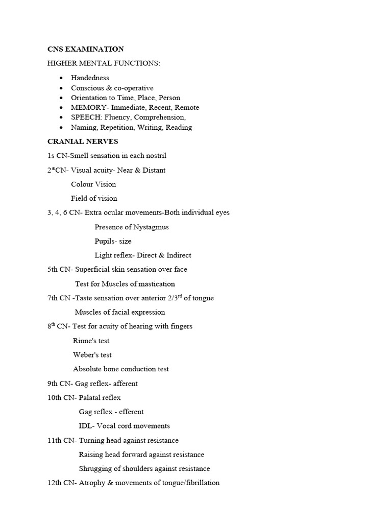 CNS Examination | PDF | Anatomical Terms Of Motion | Senses