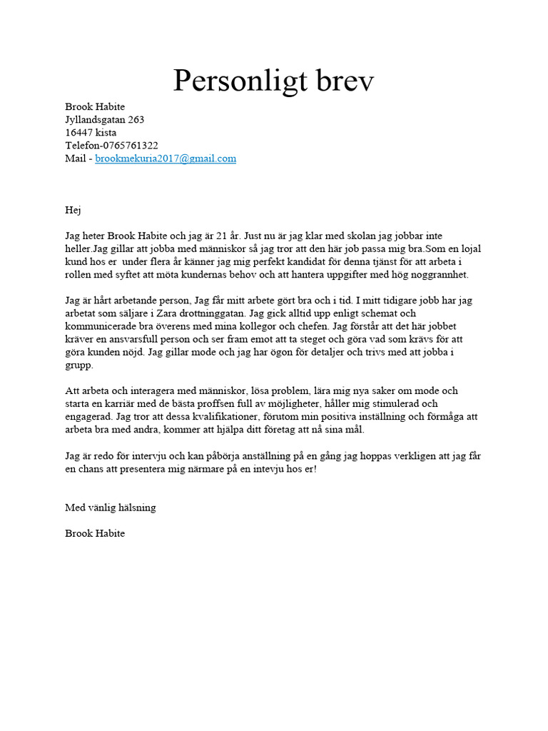 Brook New Personligt Brev | PDF