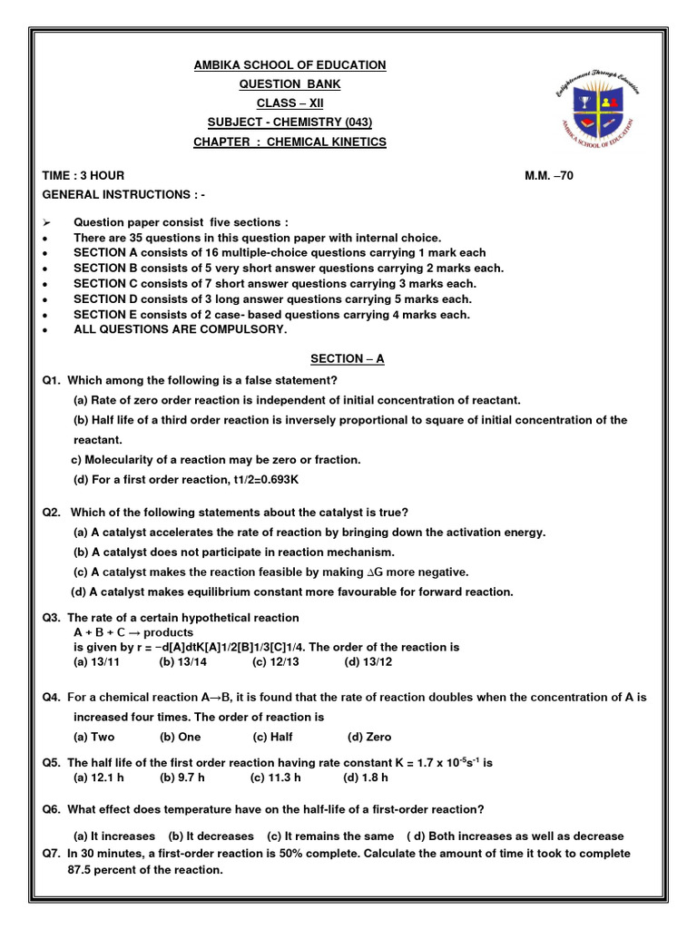 Class XII Chemistry: Chemical Kinetics | PDF | Reaction Rate | Chemical ...