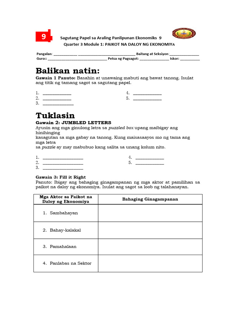 Balikan Natin:: Sagutang Papel Sa Araling Panlipunan Ekonomiks 9 ...