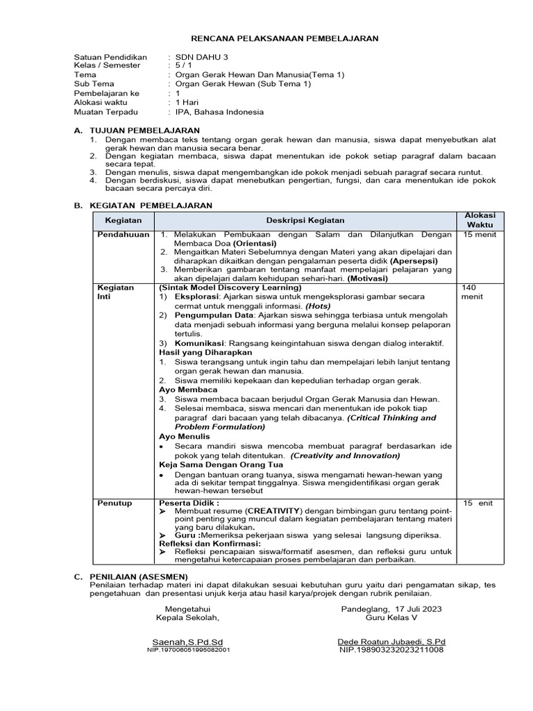 RPP KLS 5 Semester 1 2023 | PDF