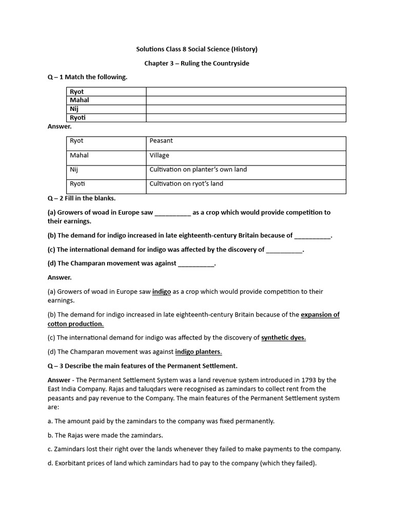 Solutions Class 8 History Chapter 3 - Ruling The Countryside | PDF
