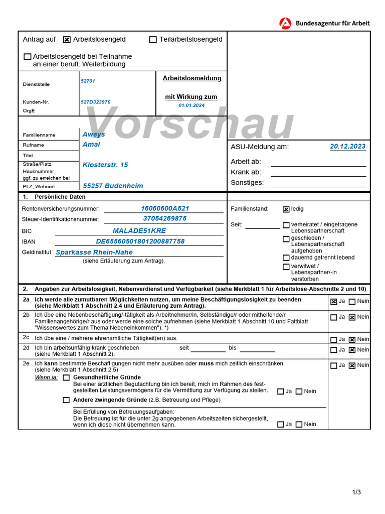 Vorschau Antrag Auf Arbeitslosengeld (1) | PDF