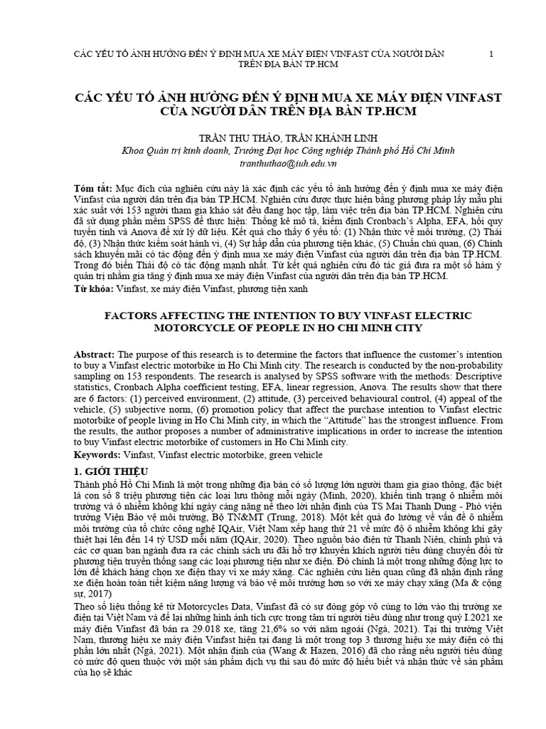 Các Yếu Tố Quyết Định Mua Xe Điện Vinfast | PDF