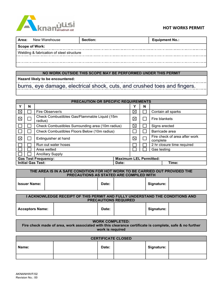 Hot Works Permit for Welding Safety | PDF | Industrial Processes | Fires