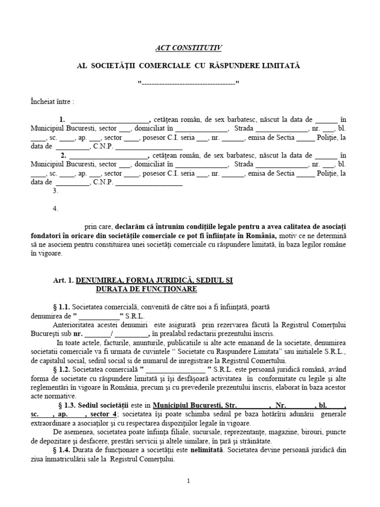 Act Constitutiv Societate Comerciala SRL | PDF