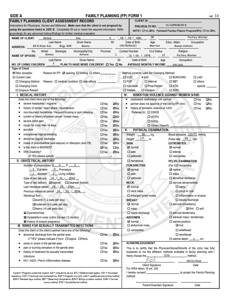 Family Planning Client Assessment Form 1 | PDF | Menstruation | Women's ...