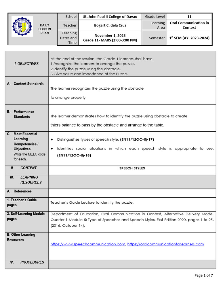 7es LP TEMPLATE | PDF | Teachers | Learning