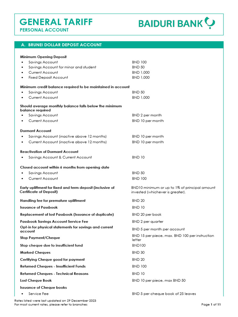 General Tariffs Personal Account Dec 2023 | PDF