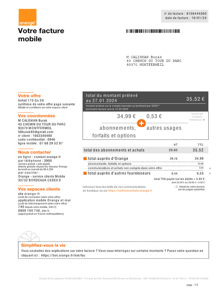 Facture Mobile Orange - Forfait 170 Go 5G | PDF