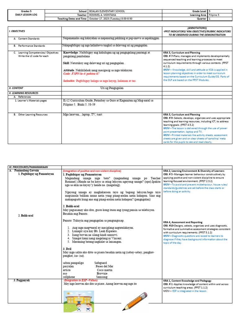Grade 5 Filipino Lesson Plan: COT 1st Quarter | PDF | Curriculum | Learning