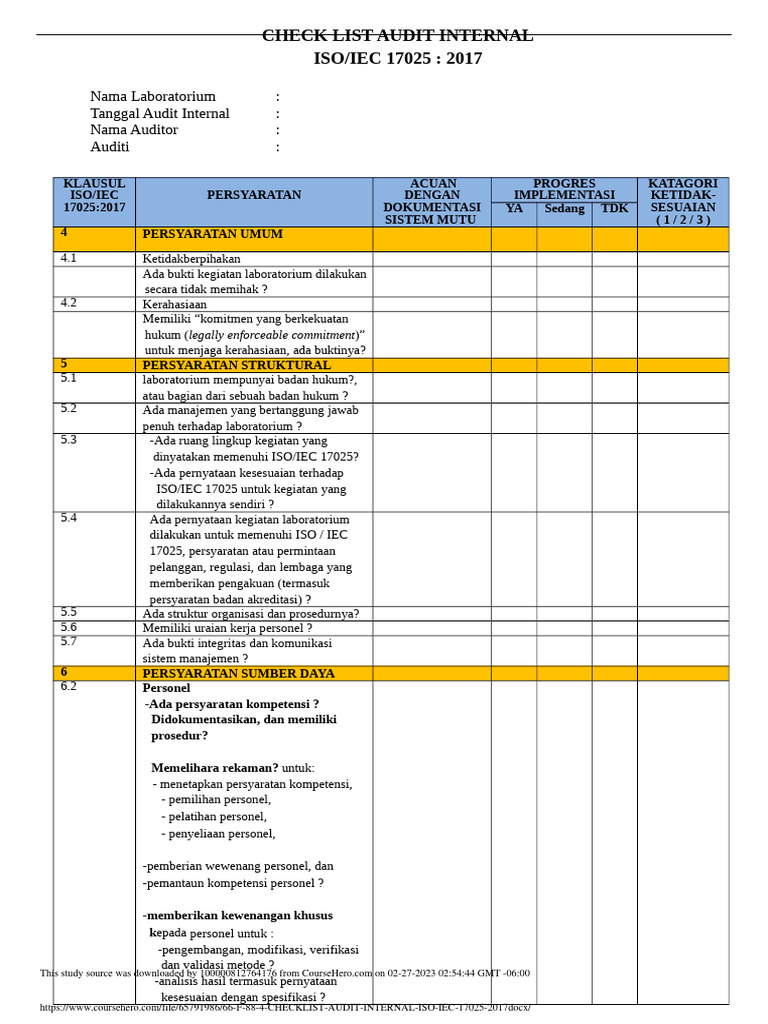 F 8.8 4 Checklist Audit Internal Iso Iec 17025 2017 | PDF | Technology & Engineering