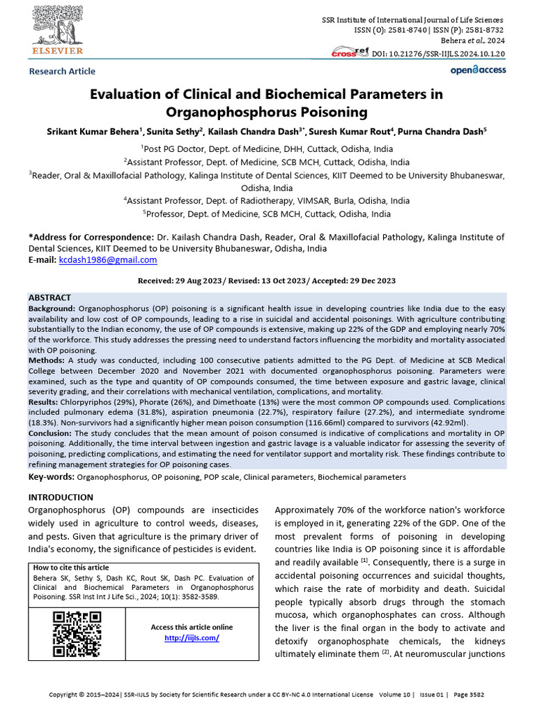 Evaluation Clinical Biochemical Parameters Organophosphorus Poisoning | PDF