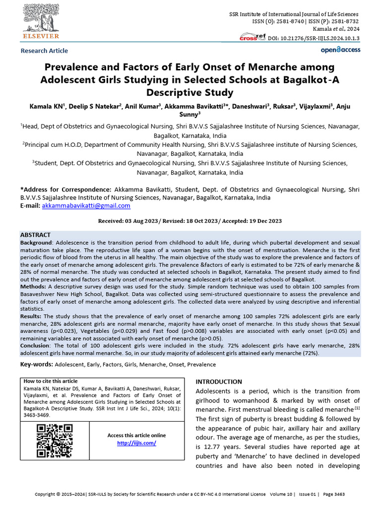 Prevalence Factors Early Onset Menarche Adolescent School Girls | PDF ...