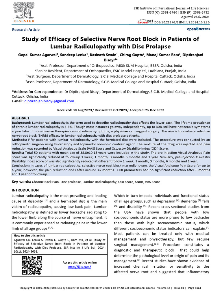 Study Efficacy Selective Nerve Root Block Patients Lumbar Radiculopathy Disc Prolapse | PDF